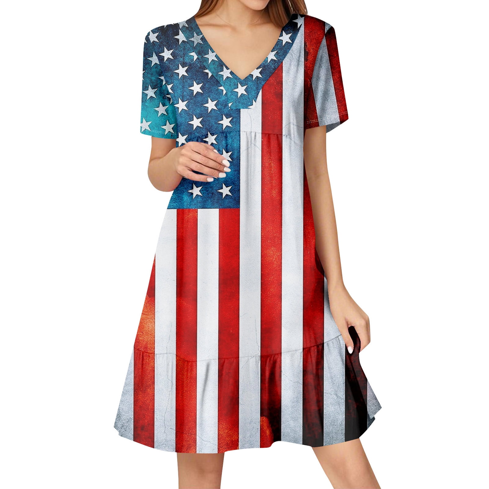 Women's Patriotic Short Sleeve V-Neck Mini Dress, American Flag Print ...