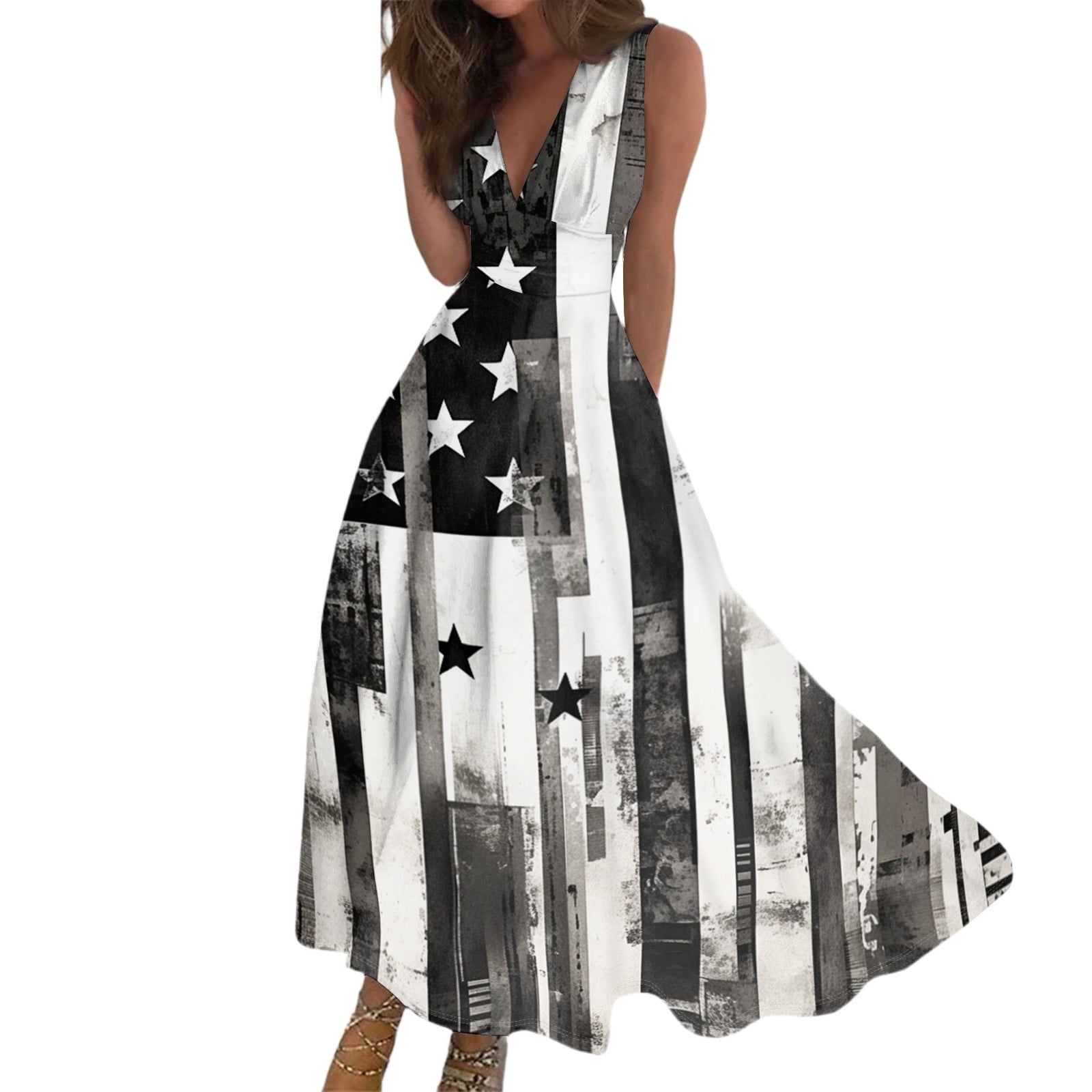 Women's Patriotic Sleeveless V-Neck American Flag Maxi Dress, Summer ...