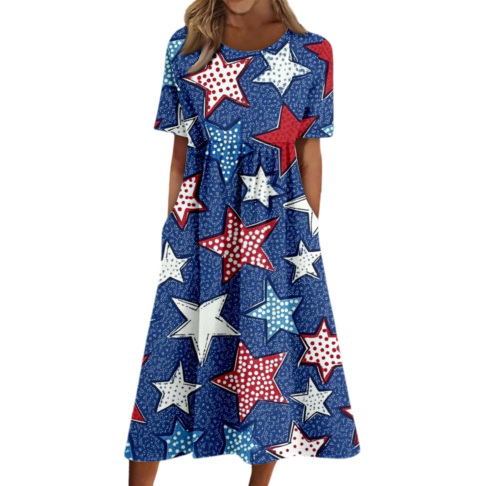 Women's Patriotic Star Print Midi Dress Crew Neck Short Sleeve ...