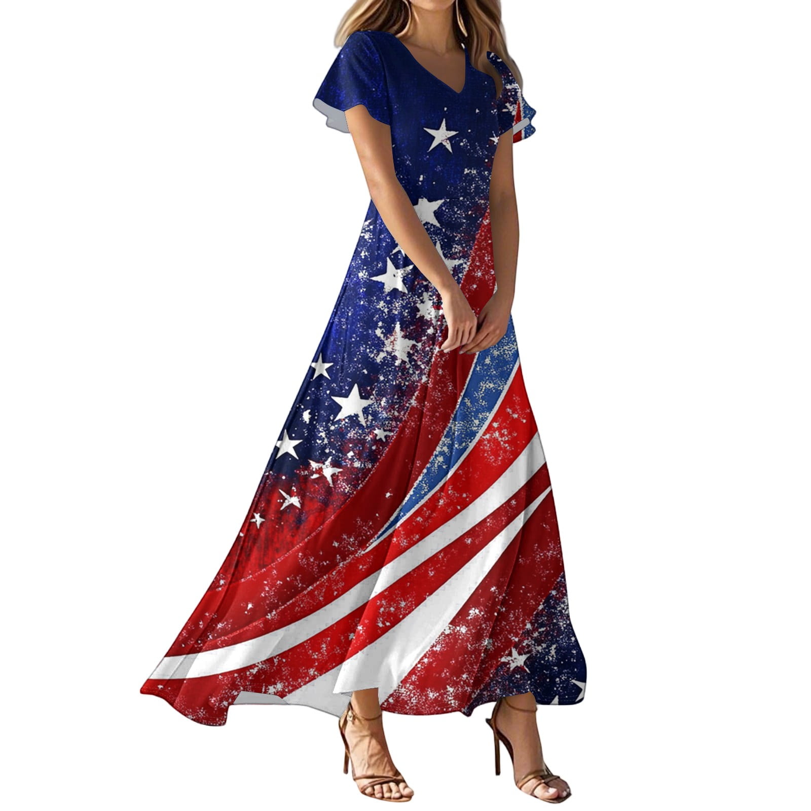 Women's Patriotic Star Print V-Neck Short Sleeve Maxi Dress, Flowing A ...