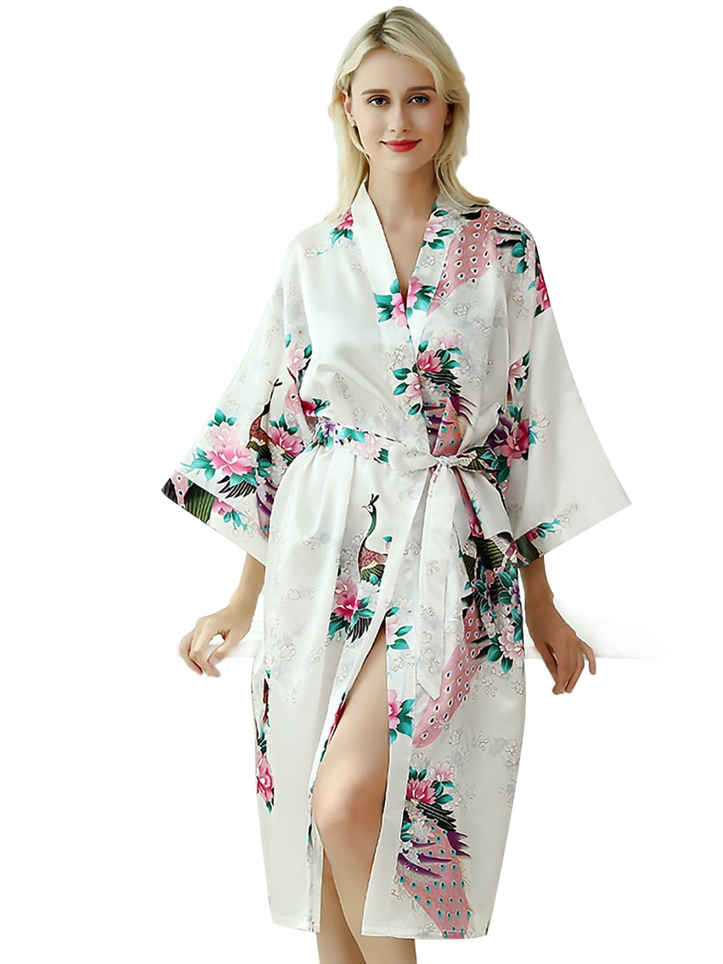 Women's Peacock Floral Satin Robe Kimono Silky Nightgown Sleepwear ...