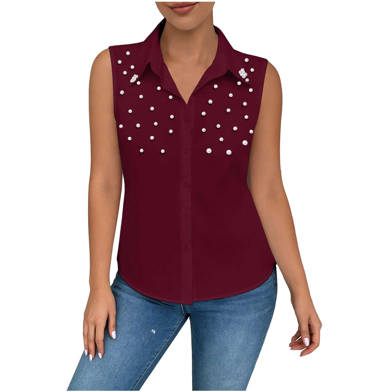 Women's Pearl Accent Collared Blouses Summer Fashion Button Up ...