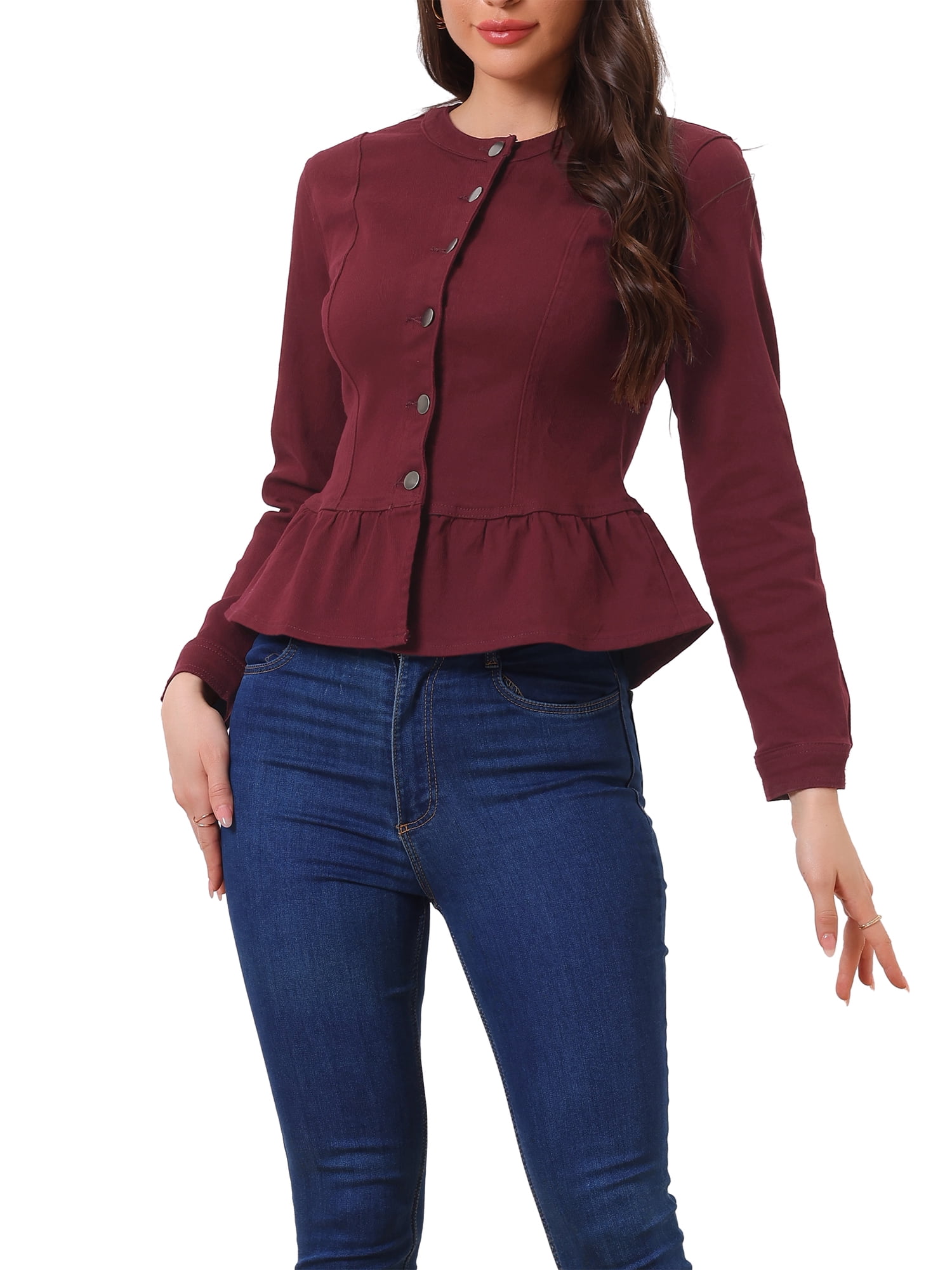 INSPIRE CHIC Women's Denim Jacket Button Down Peplum Hem Long Sleeve Cropped Washed Jean Jacket ...