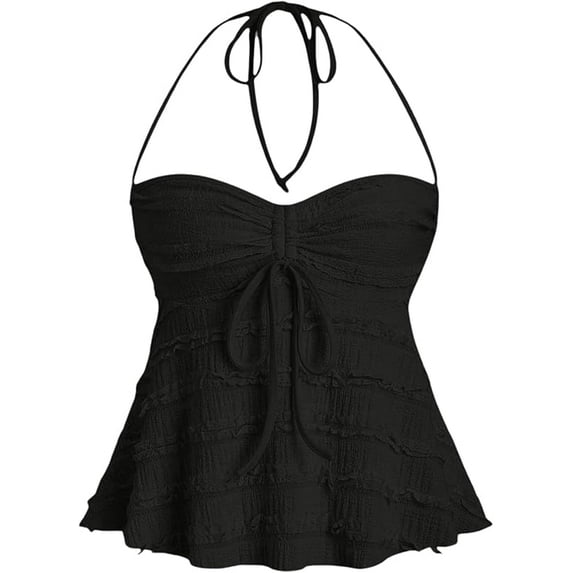 Women's Peplum Halter Crop Tops Y2K Drawstring Tie Ruched Dressy Casual ...