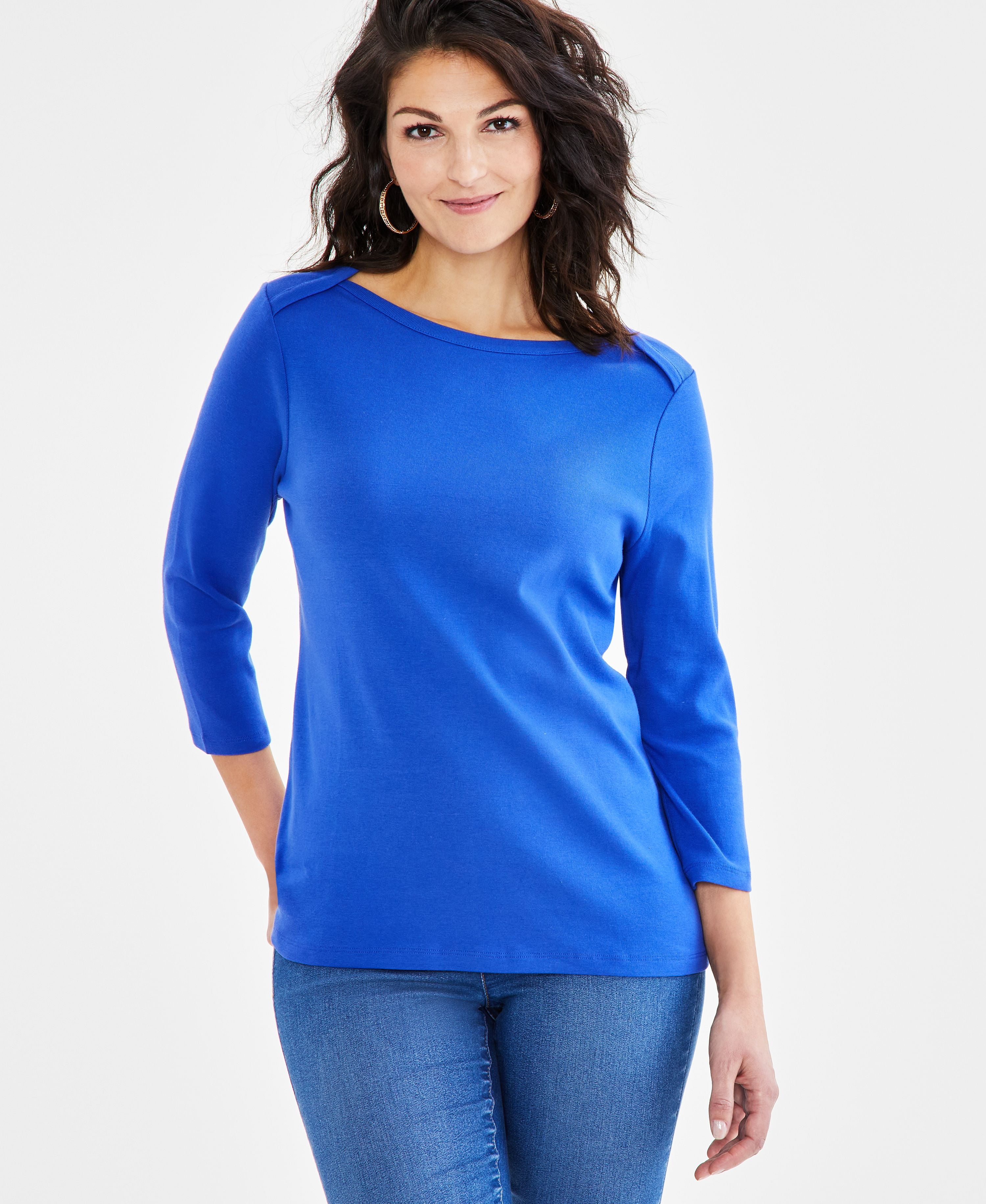 Women's Pima Cotton 3/4-Sleeve Boat-Neck Top, Regular & Petite Elegant ...