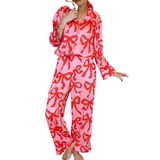 Women's Pink Bow Print Long Sleeve Pajama Set - Cozy 2-Piece Sleepwear ...