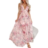 Women's Pink Floral Pleated Bust Backless Maxi Dress with Empire Waist ...