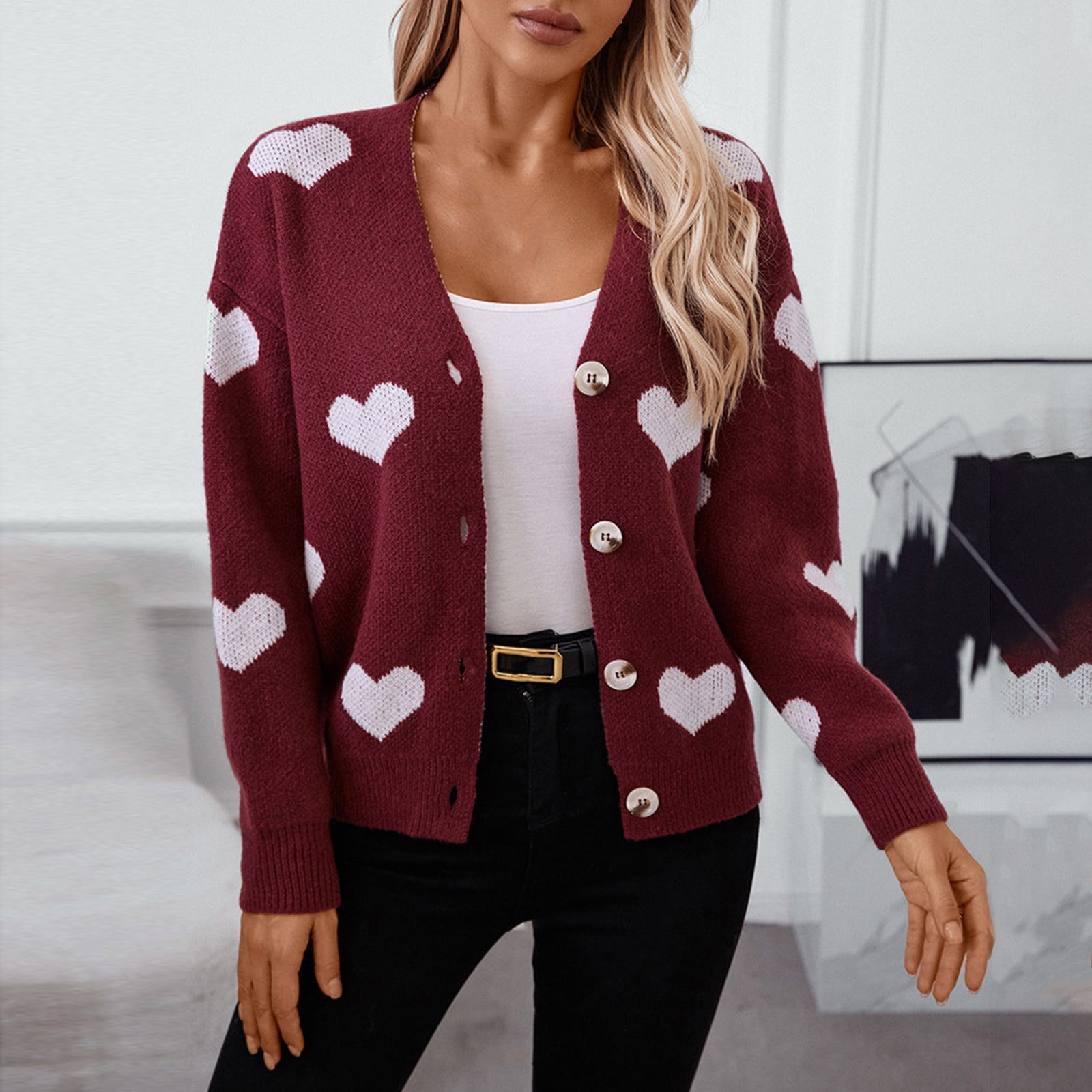 Women's Pink Heart Pattern Knit Cardigan Sweater Soft, Cozy, Button-Up ...