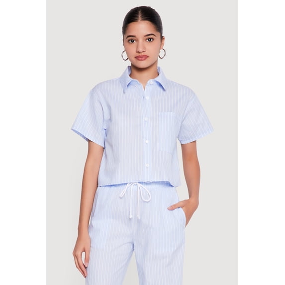 Women's Pinstripe Short Sleeve Button Front Shirt - Walmart.com