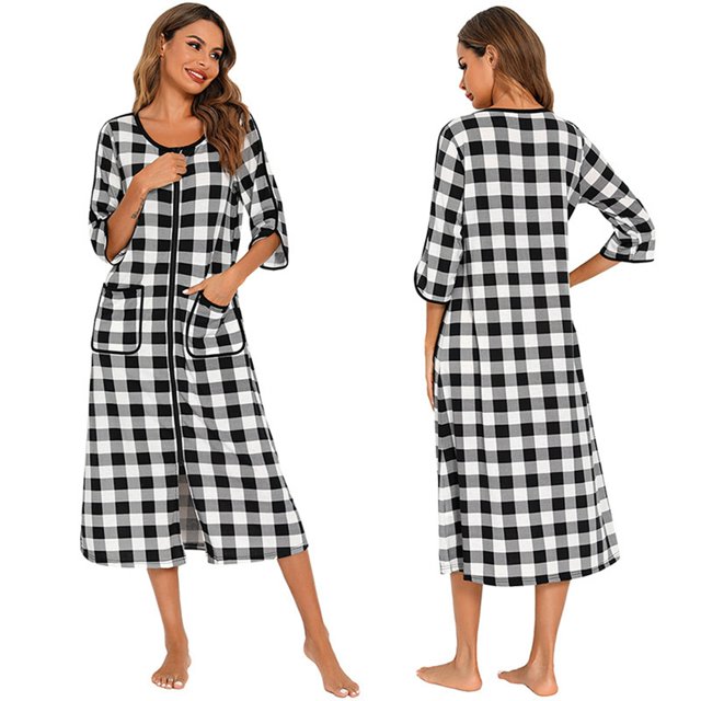 Women's Plaid 3/4 Sleeve Robes Zip Front Nightgown Long Sleepwear Loose ...