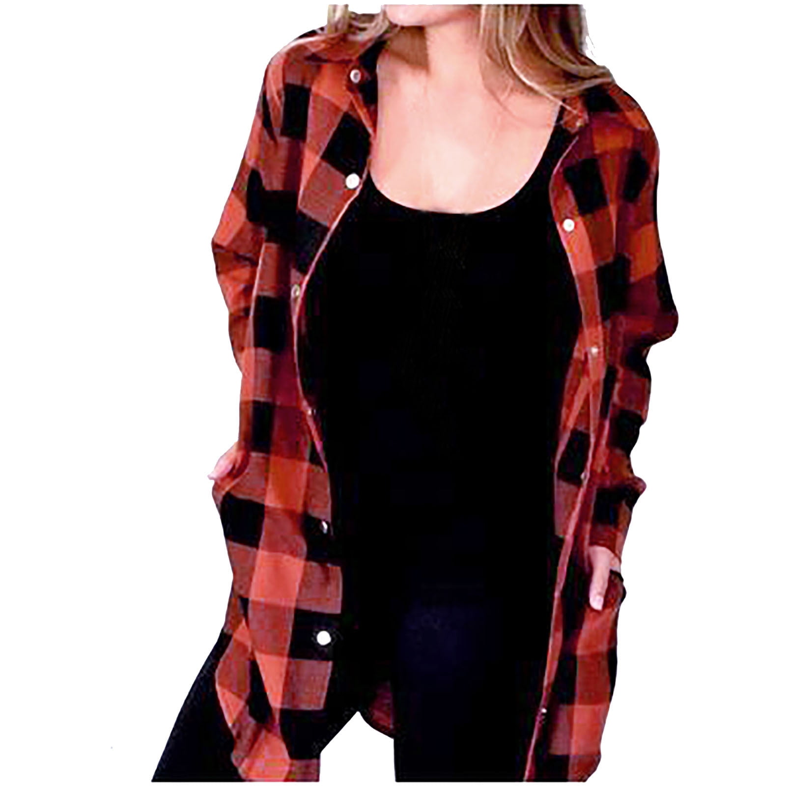 Women's Plaid Button-Down Shackets Fannel Long Sleeve Lapel Collar ...