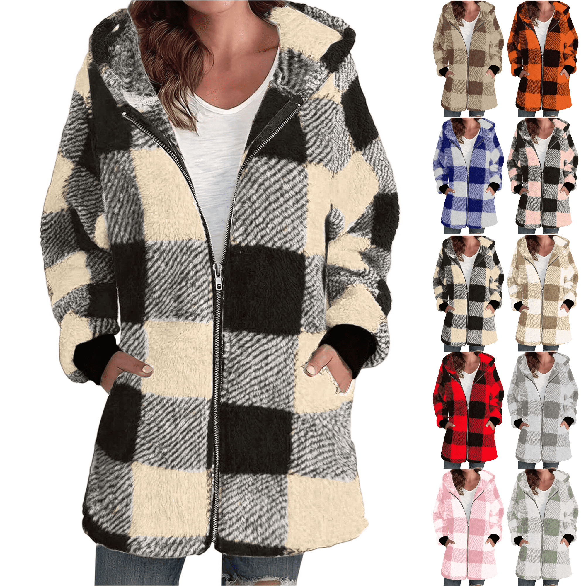 Women's Plaid Fleece Jacket Full Zip Hooded Jackets Fuzzy Fleece Long ...