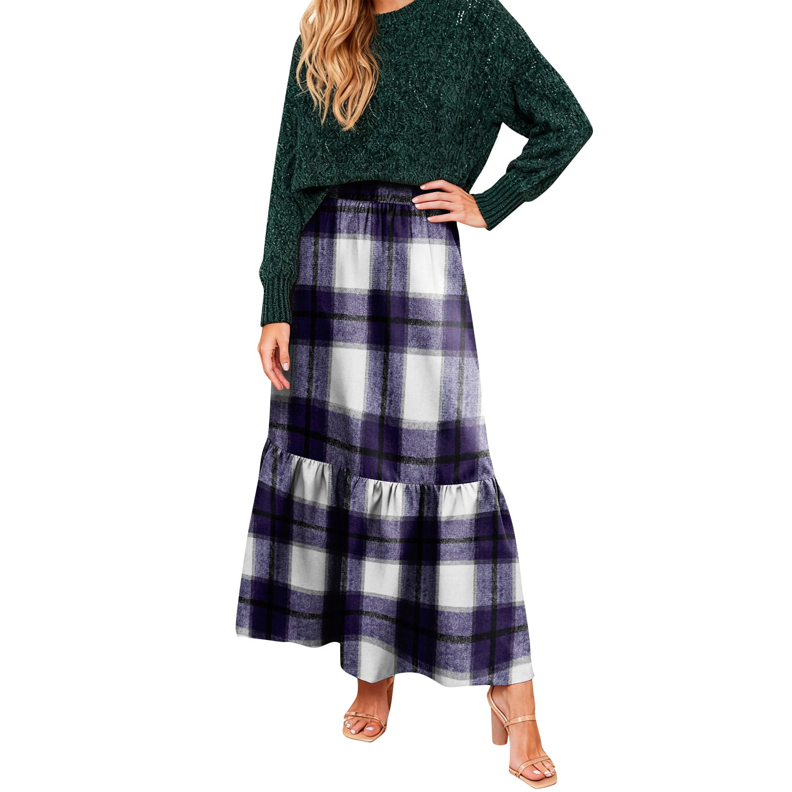 Women's Plaid Maxi Skirt Elastic High Wasited Ruffle A Line Long Skirts ...