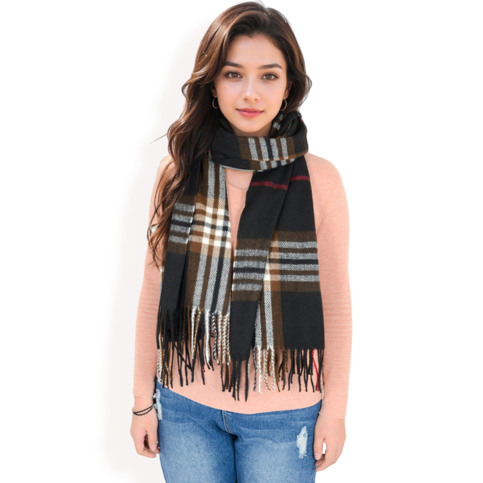 Women's Plaid Pattern Scarf with Fringed Edges and Soft Lightweight ...