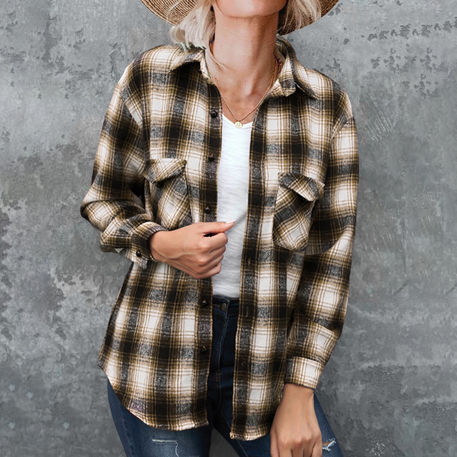 Women's Plaid Shacket Jacket Casual Button Lapel Flannel Tartan Trench ...
