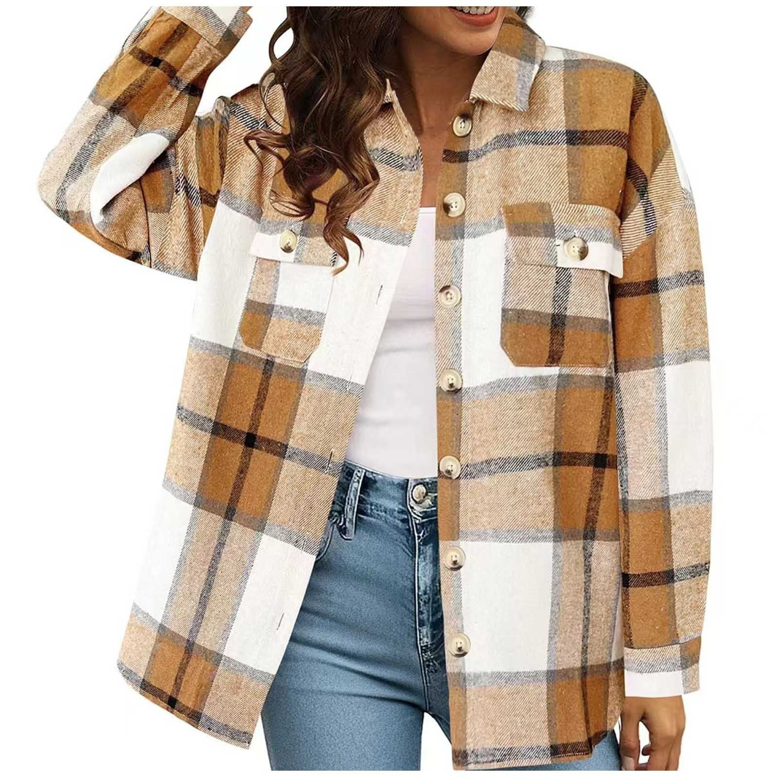 Women's Plaid Shacket Jacket Casual Long Sleeve Button Down Lapel ...