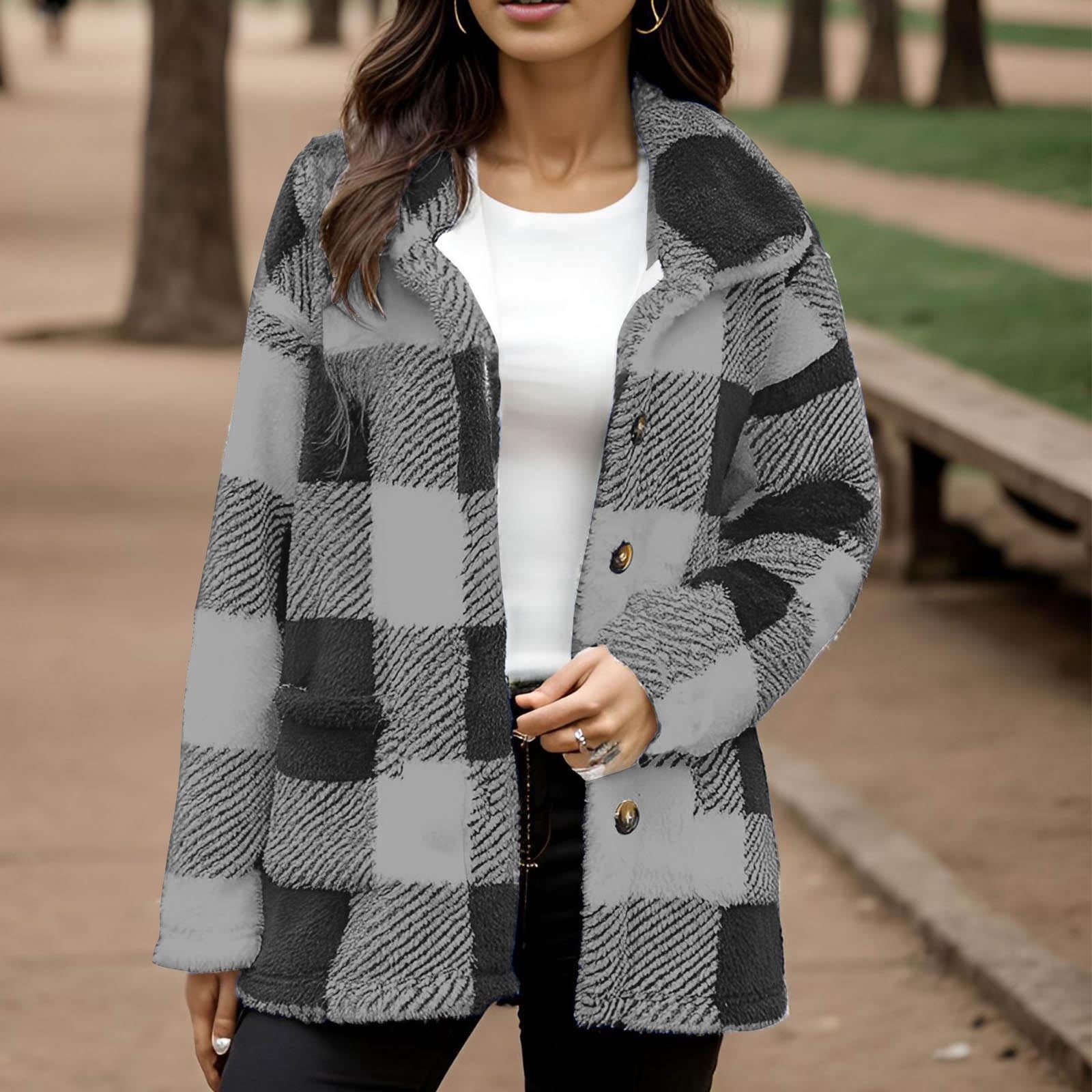 Women's Plaid Sherpa Jacket Fleece Jackets Long Sleeve Lapel Button ...