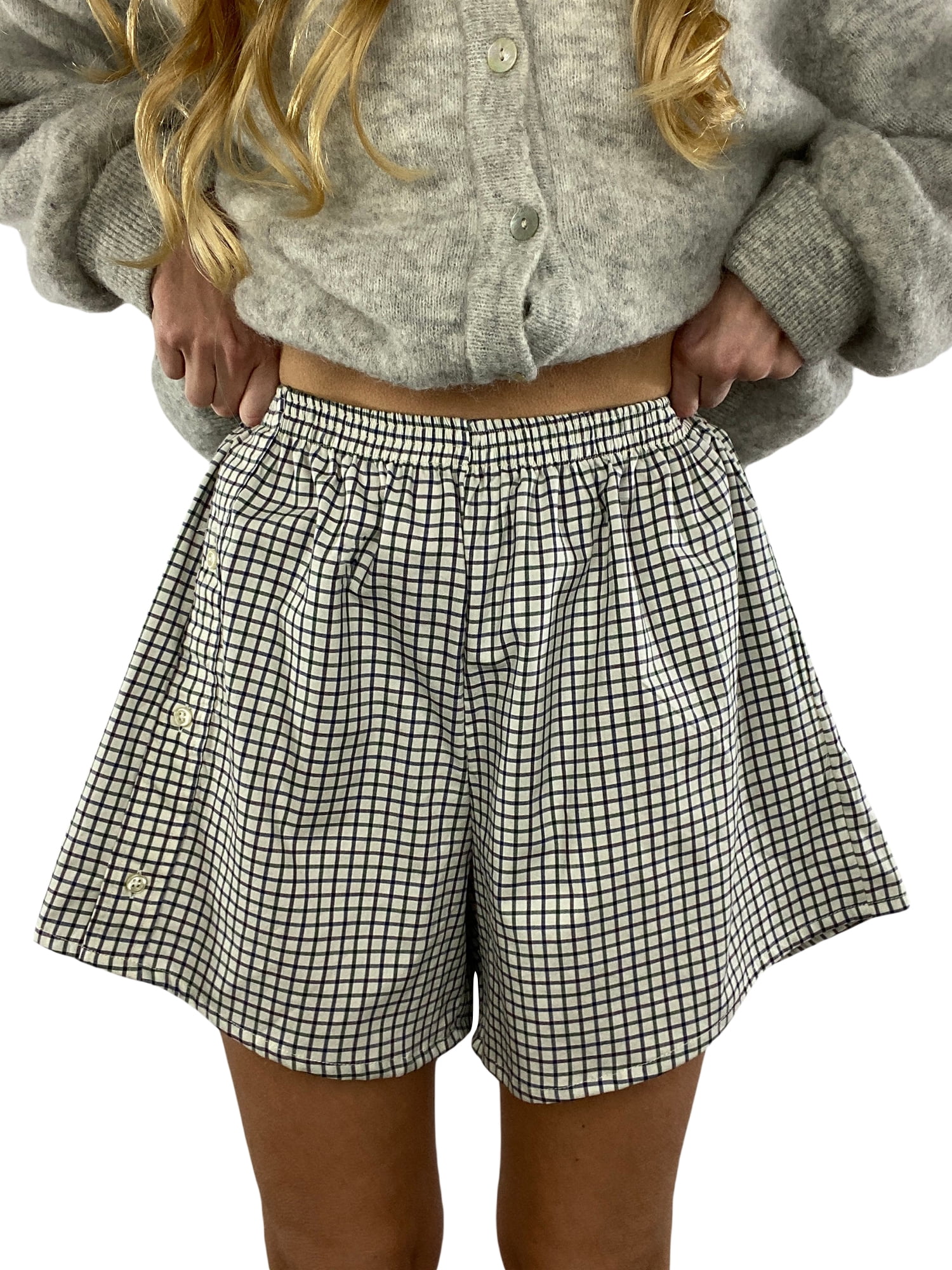 Women's Plaid Shorts Casual Loose Fit Elastic Waist Short Pants Buttons ...