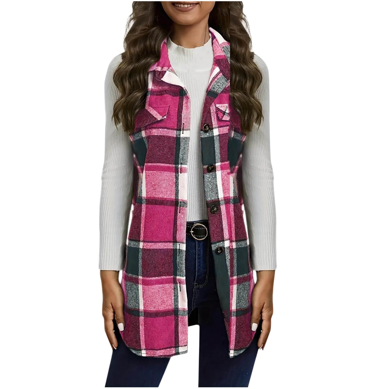 Women's Plaid Vest Coat Casual Lapel Neck Button Front Sleeveless ...