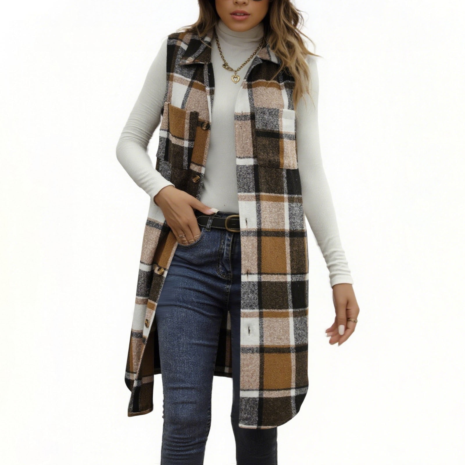 Women's Plaid Vest Long Jackets Button Down Sleeveless Shacket Fall ...