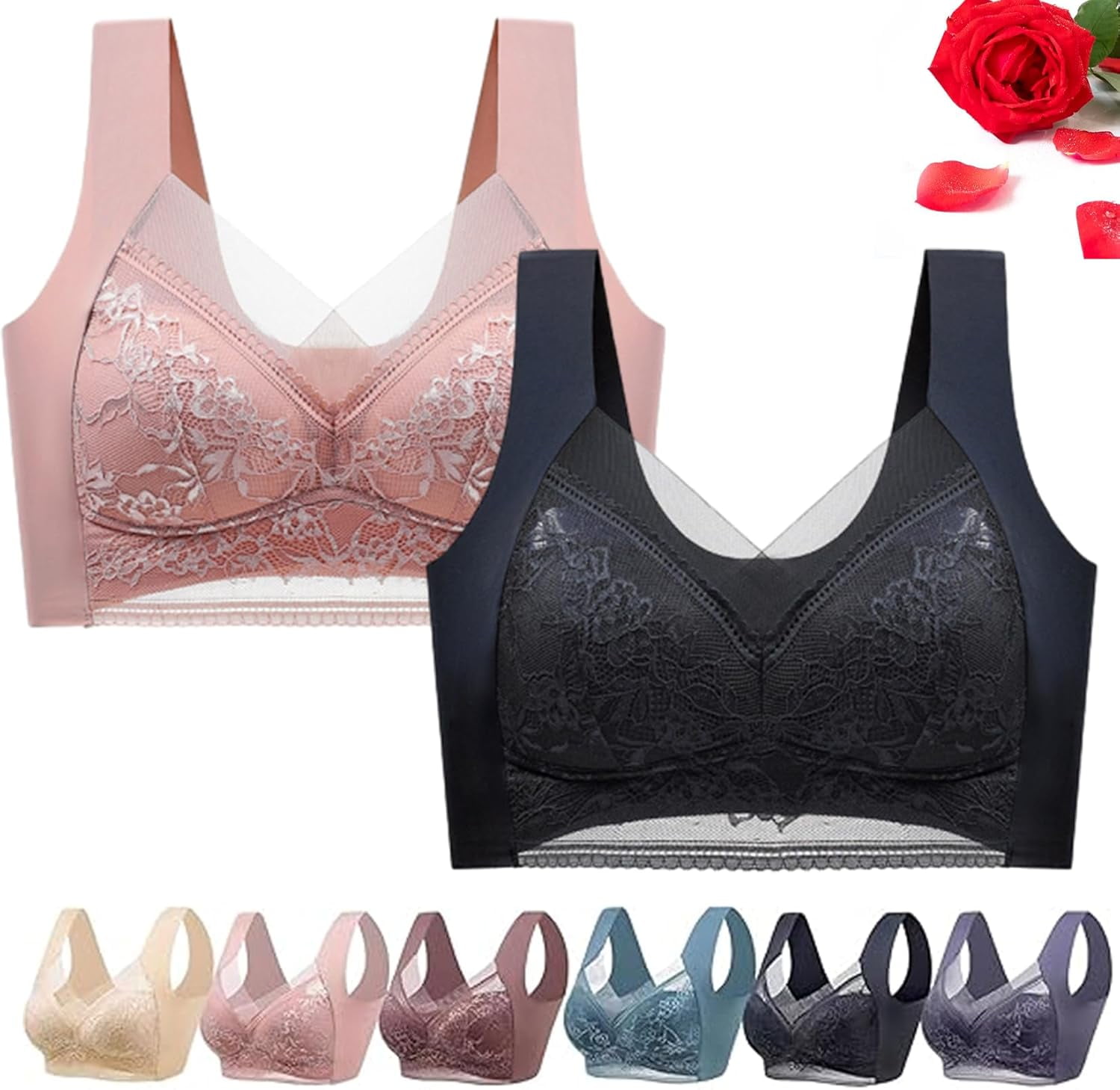Women's Plain Contrast Lace Bra, Contrast Lace Wireless Bra, Sexy Push ...