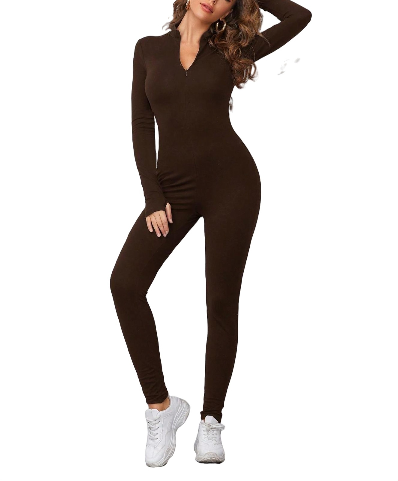Women's Plain Stand Collar Coffee Brown Long Sleeve Unitards S (4 ...