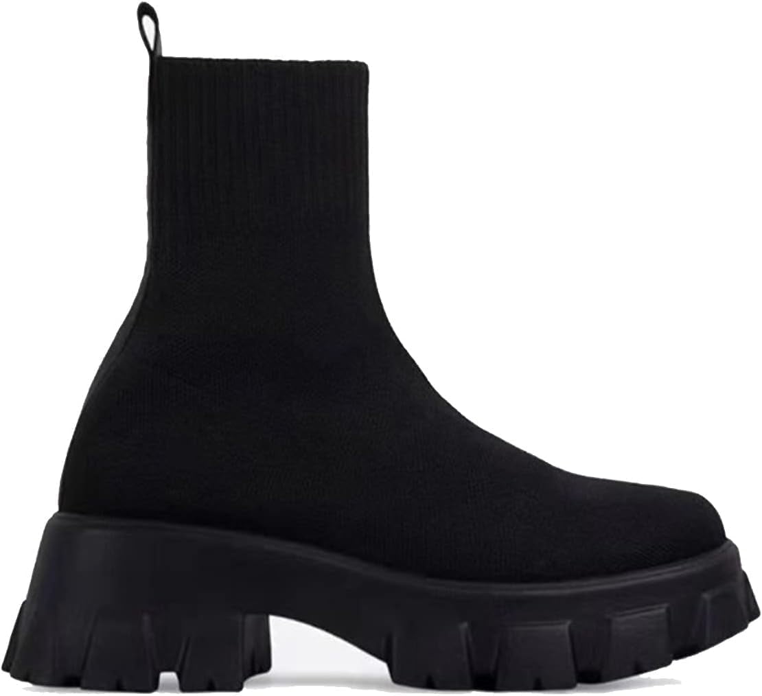 Women's Platform Ankle Knit Boots Elastic Chunky Heel Lug Sole Booties ...