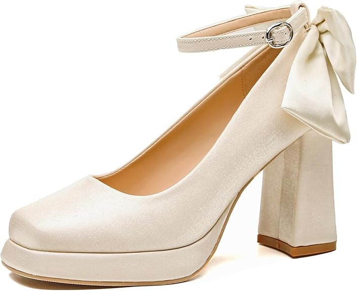 Women's Platform Chunky High Heel Pumps with Satin Bow Close Square Toe ...