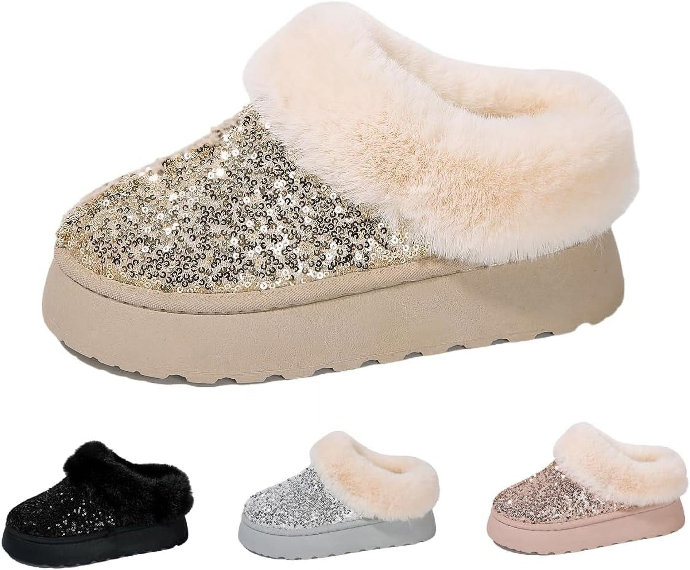 Women's Platform Flat Boots Glitter Sequin Fuzzy Slippers Warm Winter ...