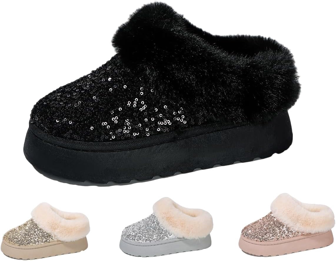 Women's Platform Flat Boots Glitter Sequin Fuzzy Slippers Warm Winter ...