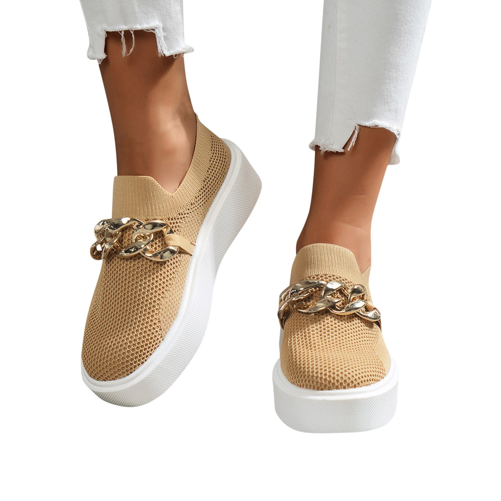Women's Platform Mesh Slip on Penny Loafers Stylish Casual Woven Chain ...