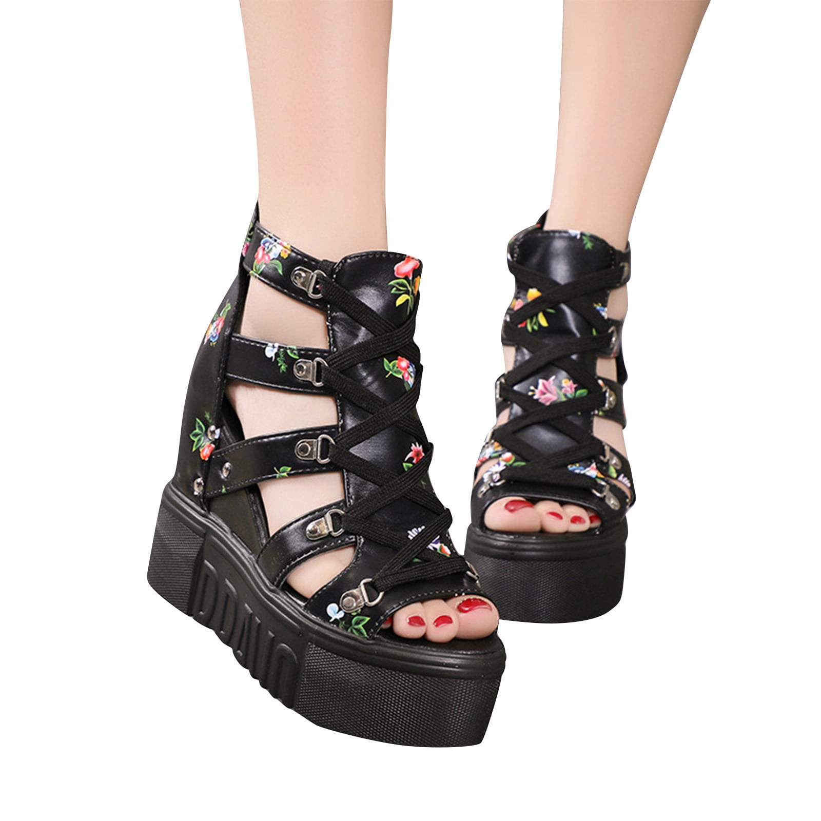 Women's Platform Strappy Wedge Sandals Fish Mouth Cross Floral Buckle ...