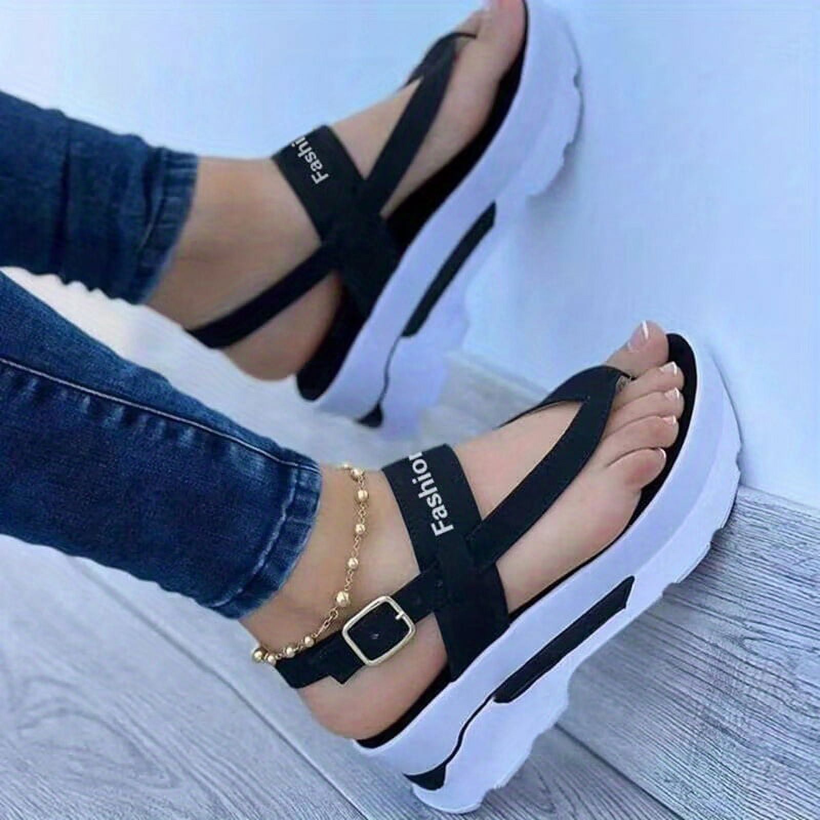 Women's Platform Thong Sandals, Solid Color Letter Buckle Strap ...