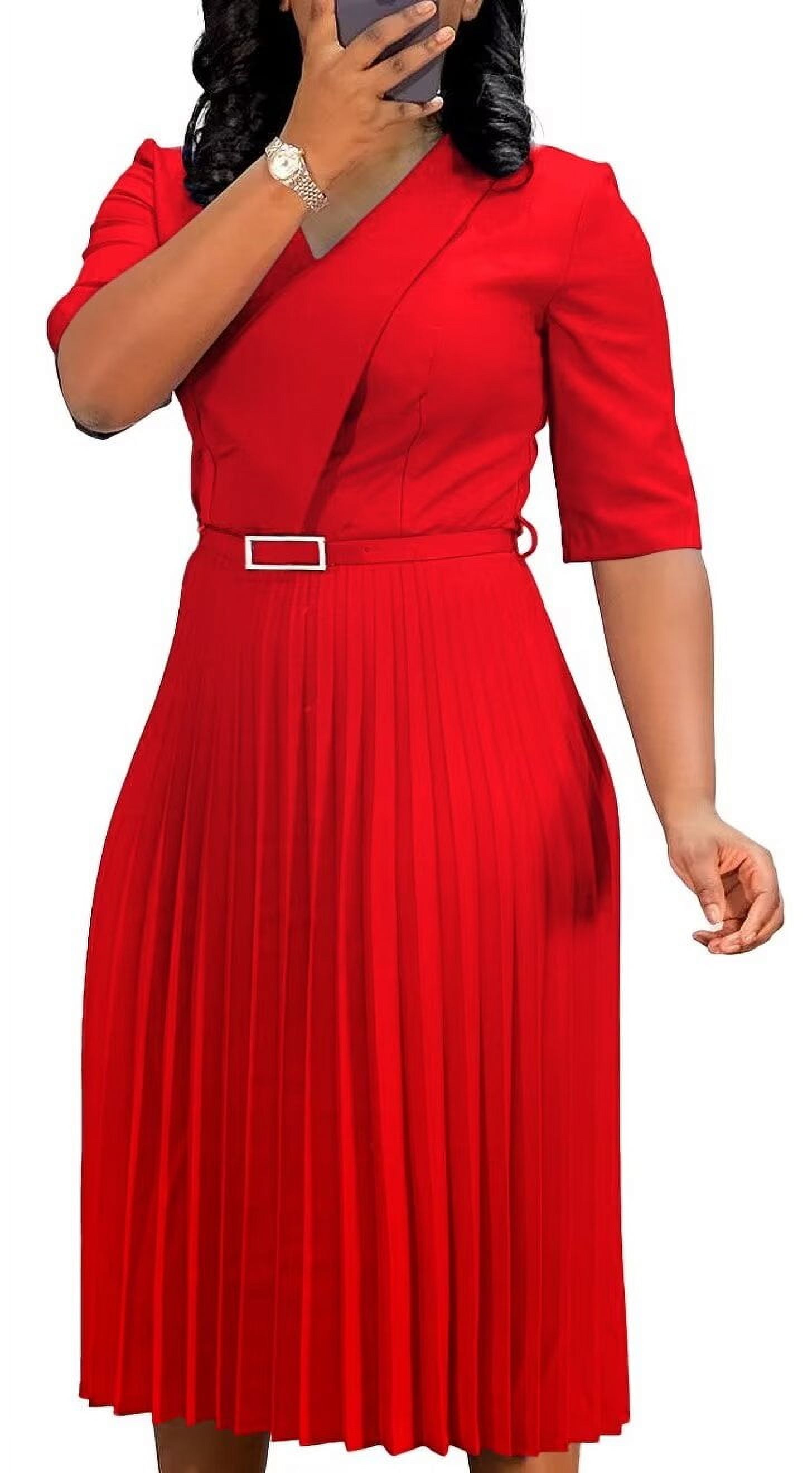 Women's Pleated Dress Cocktail Church Wedding Midi Dress A-Line Casual ...