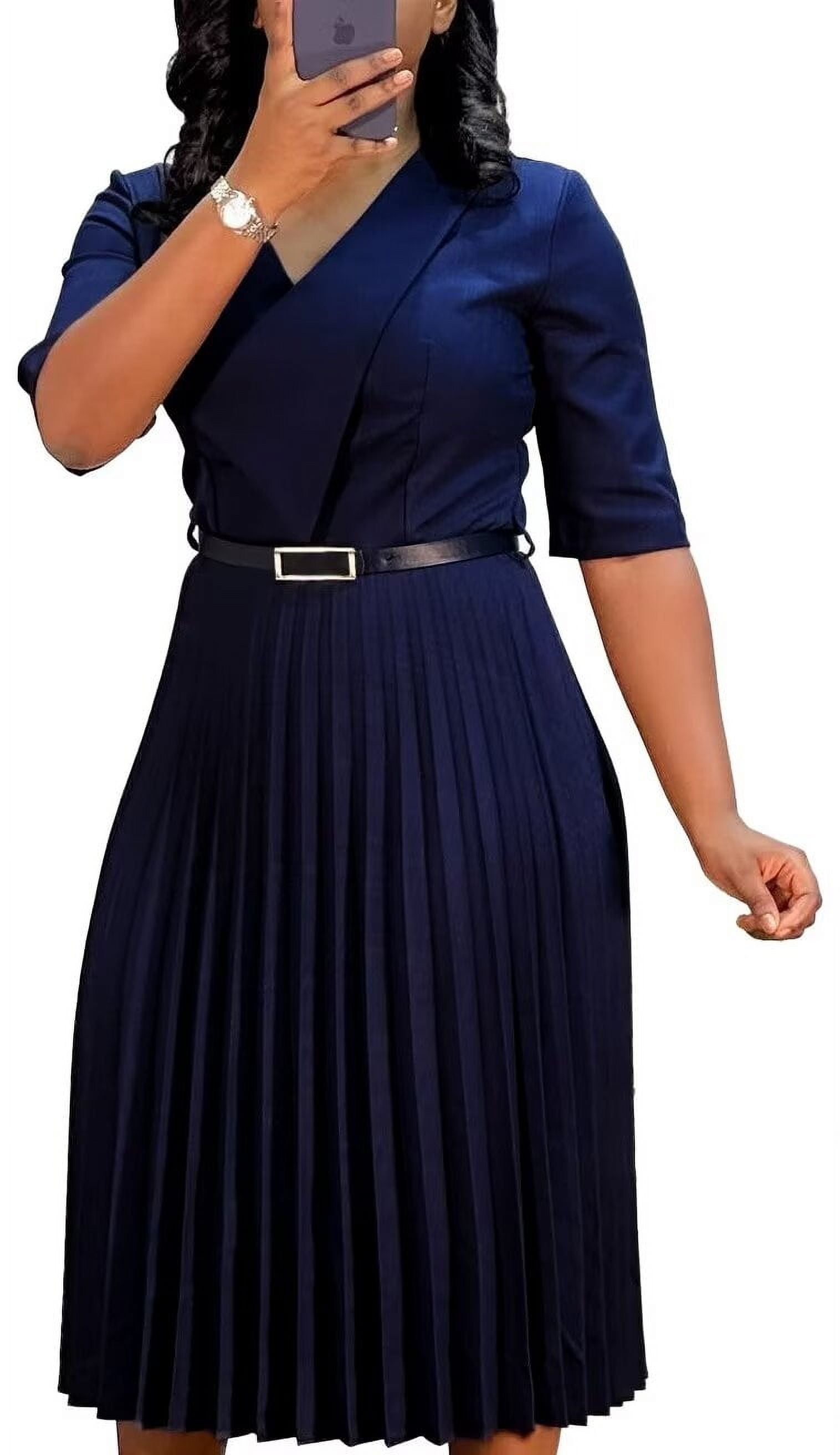 Women's Pleated Dress Cocktail Church Wedding Midi Dress A-Line Casual ...