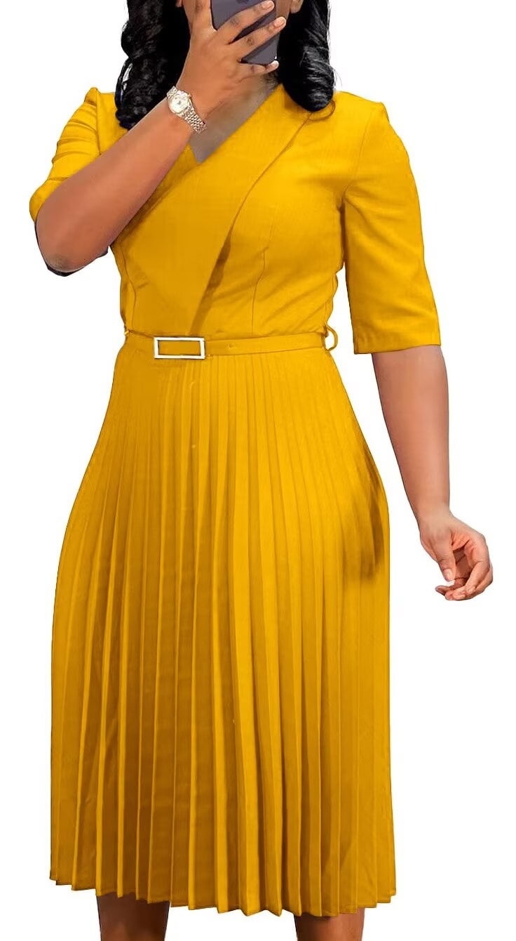 Women's Pleated Dress Cocktail Church Wedding Midi Dress A-Line Casual ...