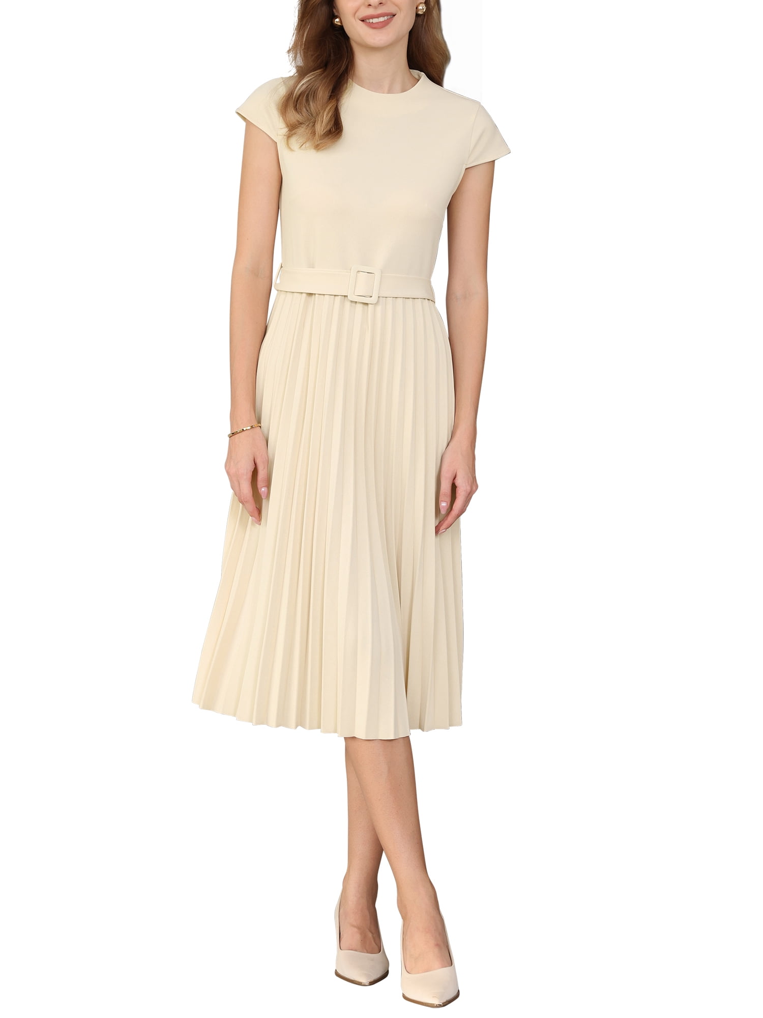 INSPIRE CHIC Women's Pleated Dress Mock Neck Cap Sleeve Belted A-Line ...