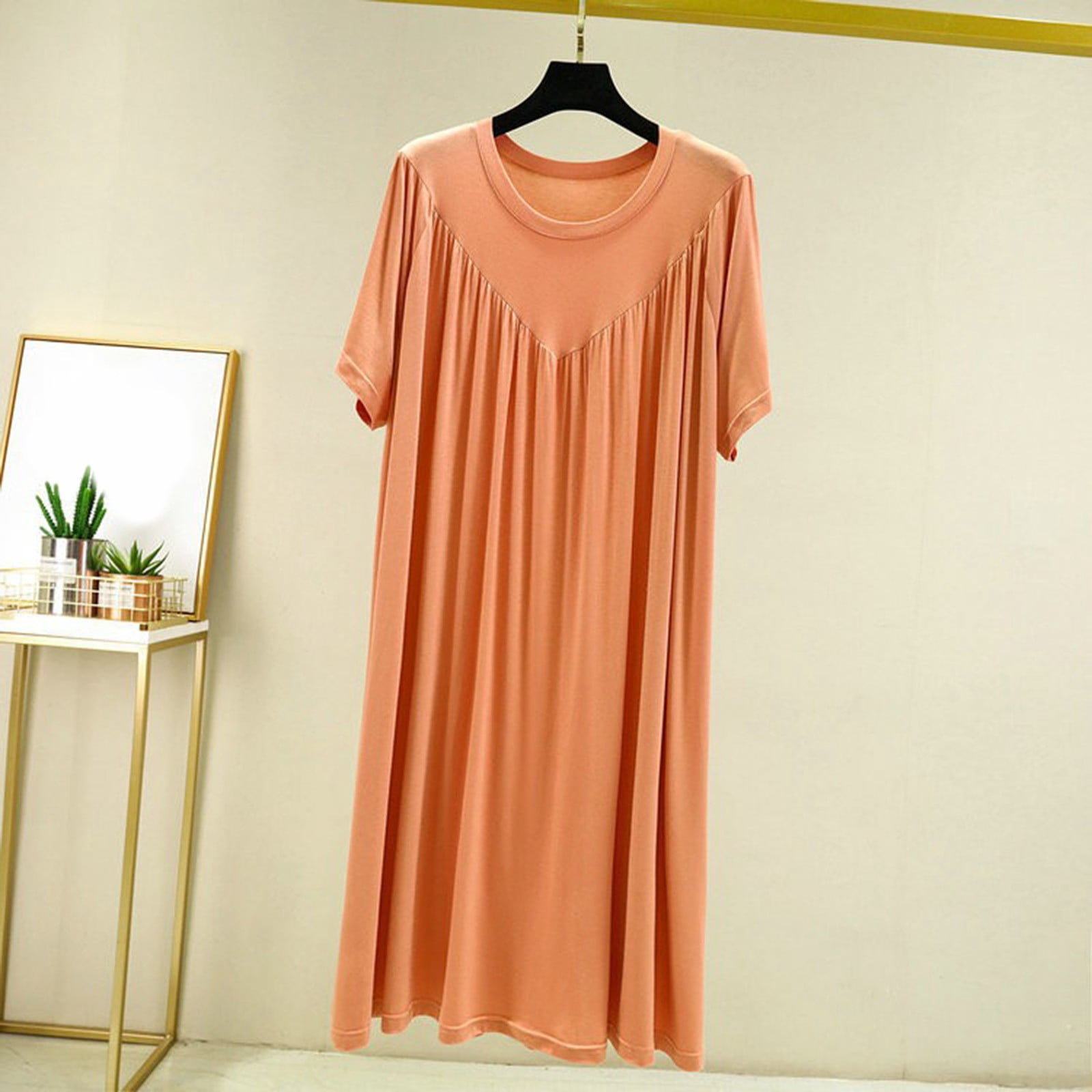 Women's Pleated Plain Crew Neck Negligee Short Sleeves Soft Home Suit ...