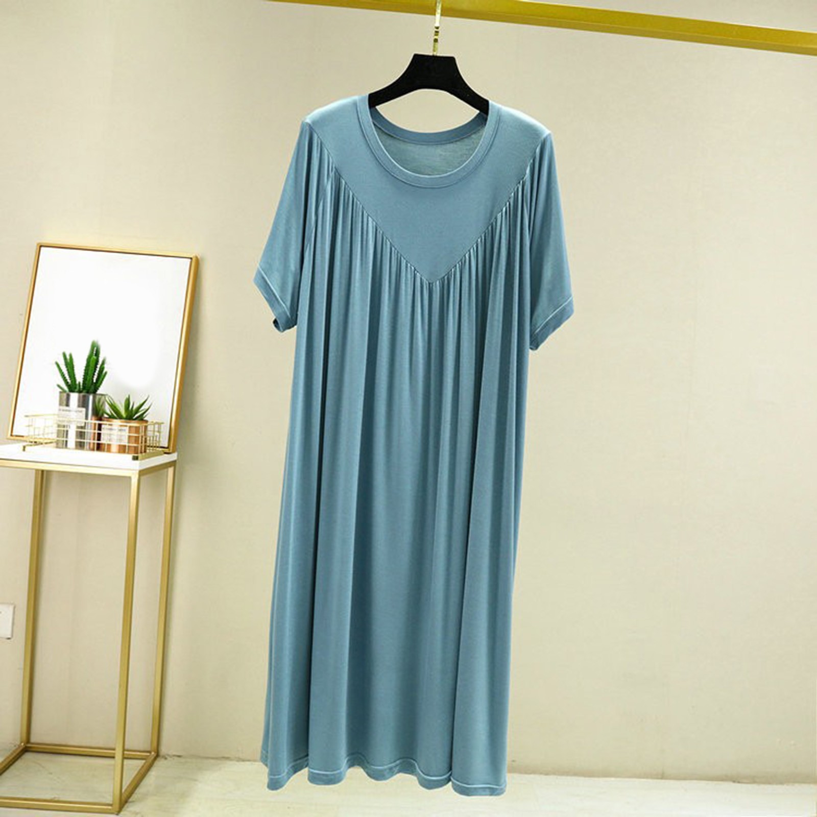 Women's Pleated Plain Crew Neck Negligee Short Sleeves Soft Home Suit ...
