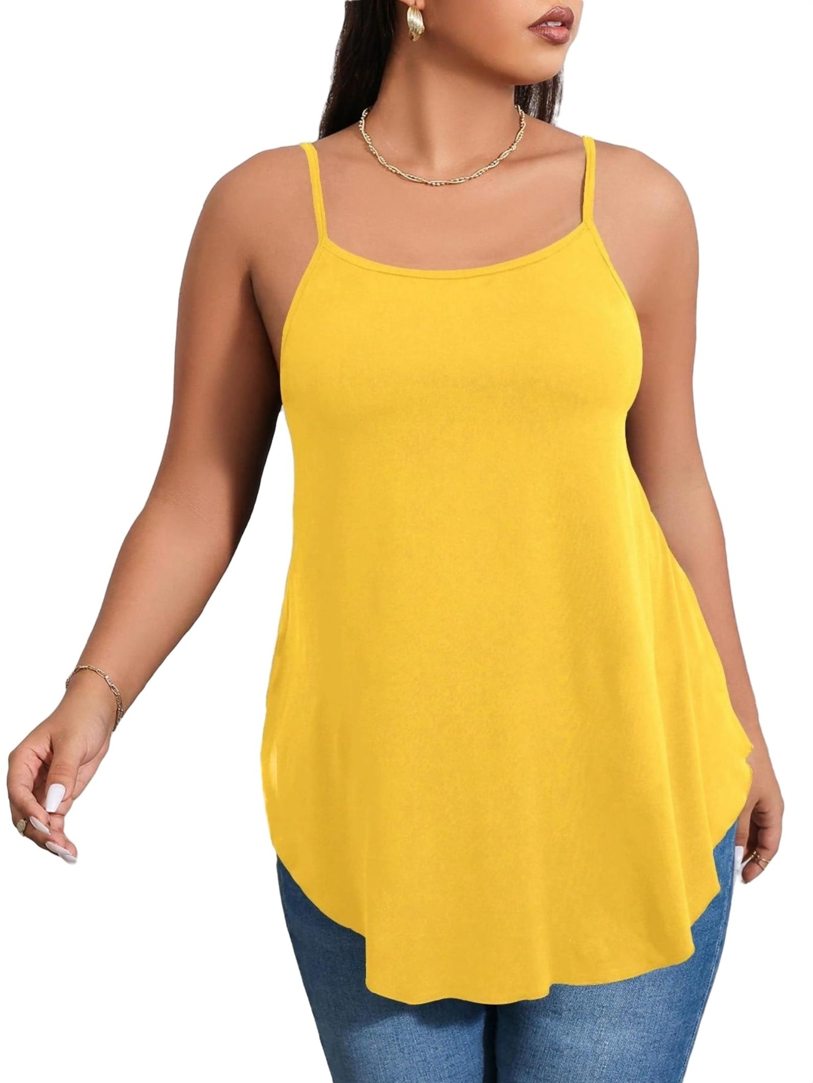 Womens Plus Casual Solid Spaghetti Strap Cami Yellow Plus Size Tank Tops And Camis Womens Plus