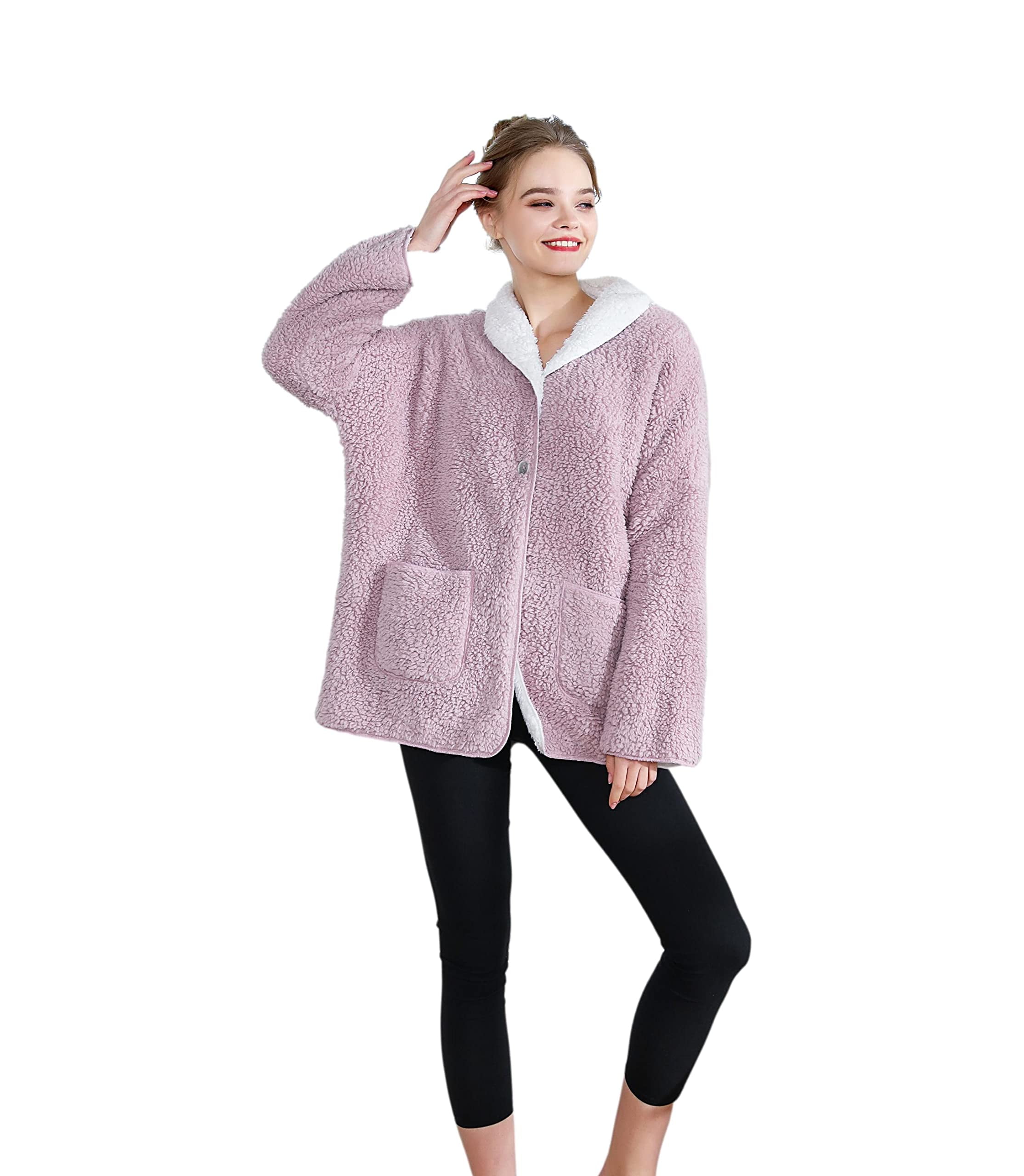 Plush Sherpa Reversible Button Front Bed Jacket/House coat Lounge ...