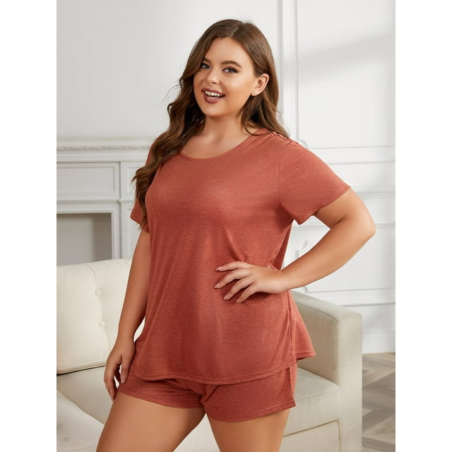 Women's Plus Size Pajamas Set 2 Piece Short Sleeve Top with Shorts Oversize Soft Sleepwear Sets ...