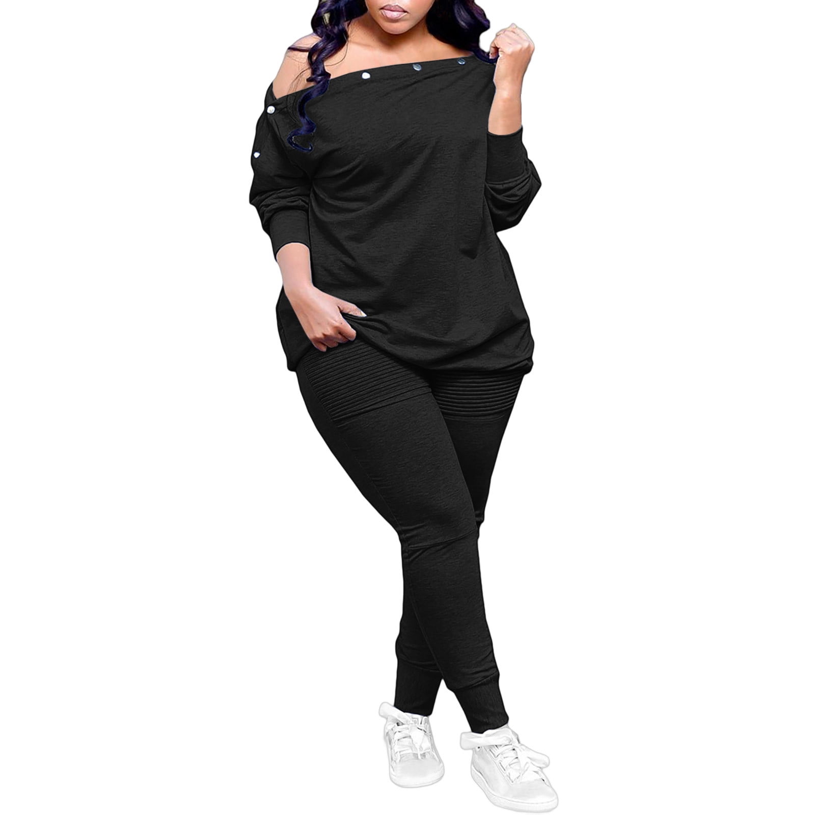 Women's Plus Size 2 Piece Outfits Long Sleeve Button Loose Off Shoulder ...