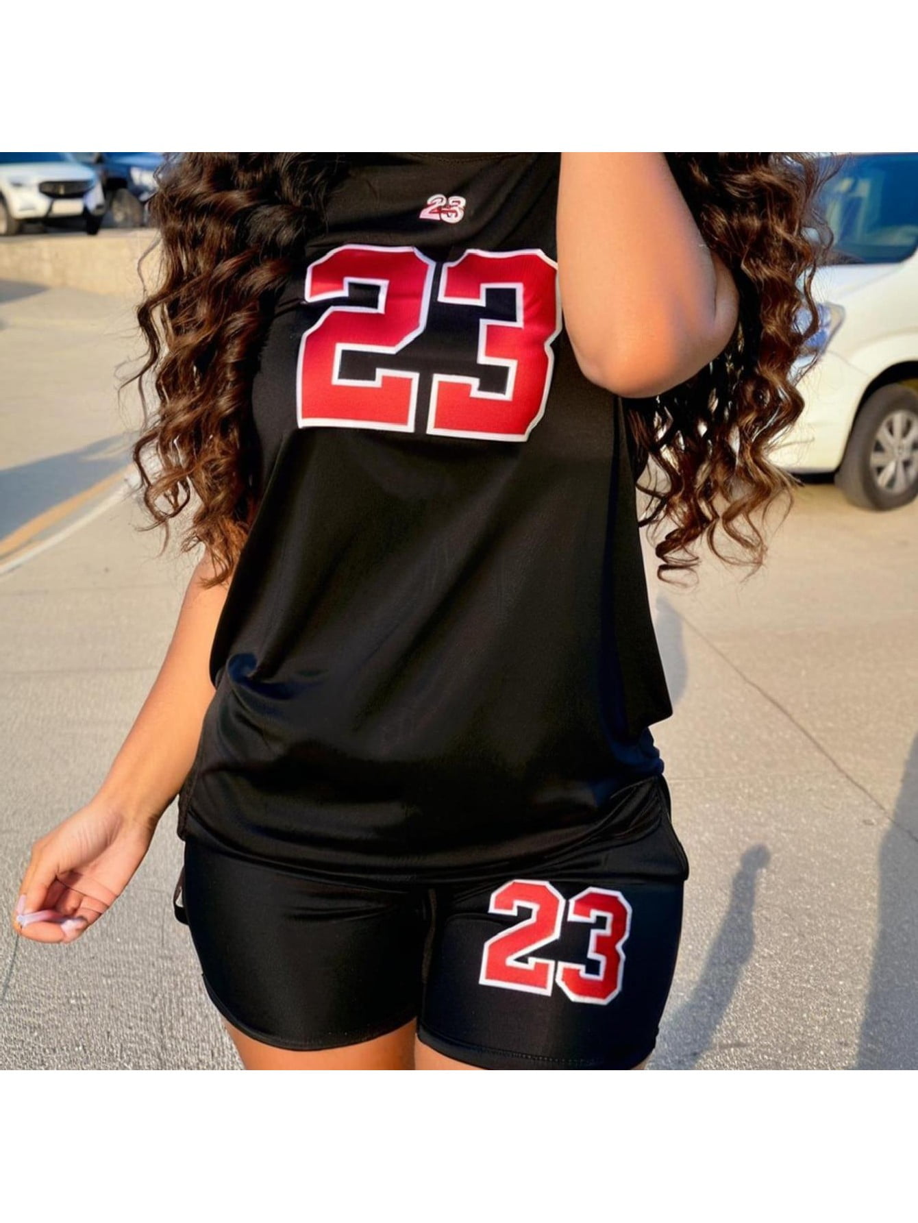 Women's Plus Size Black T-Shirt with Red Number 23 Print - 220g ...