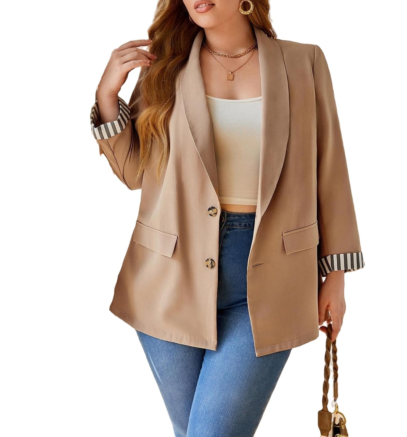 Womens Plus Size Blazers Apricot Elegant Striped Shawl Collar Regular