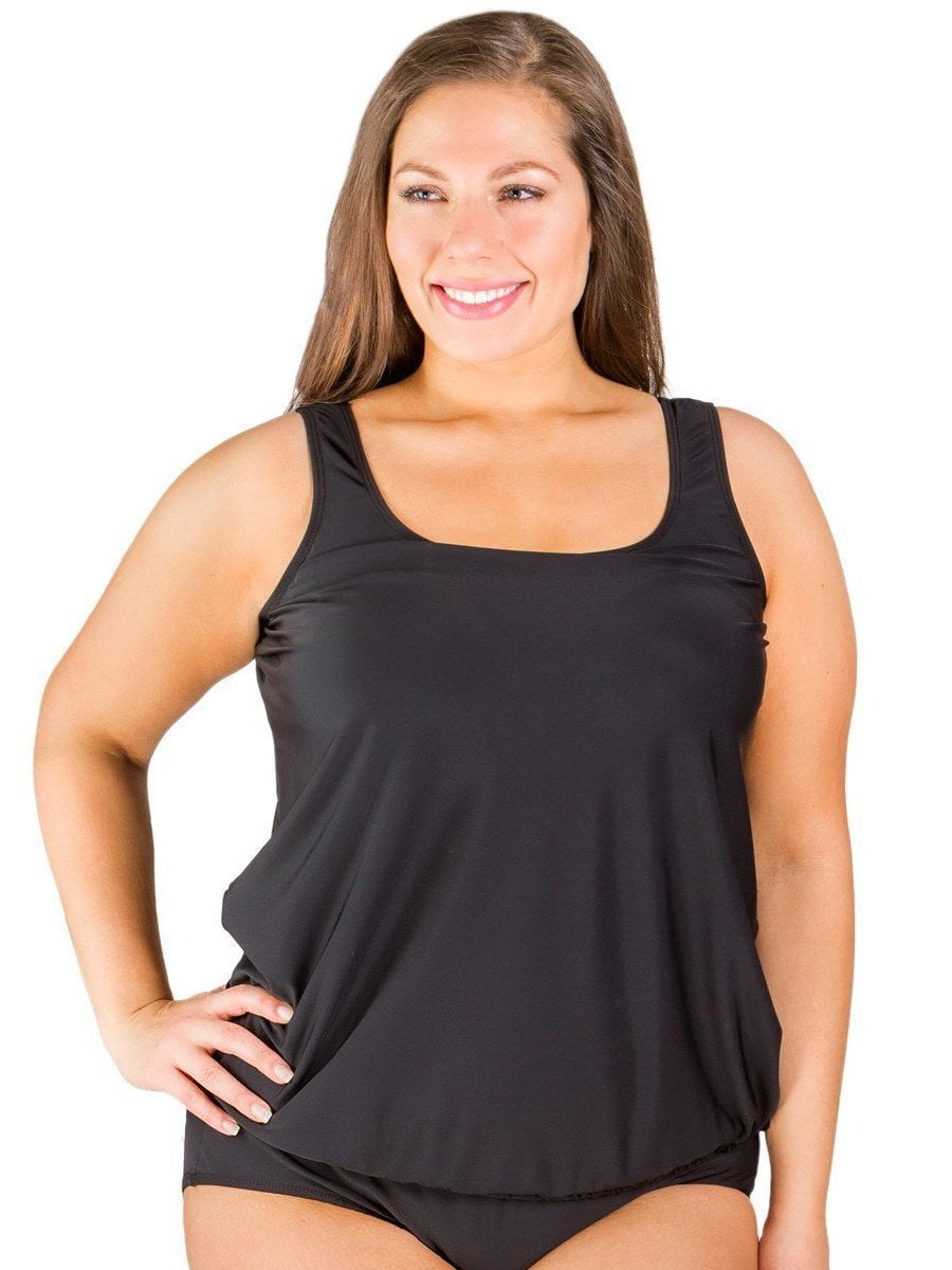 Women's Plus Size Blouson Tankini Swimsuit Top Black - Walmart.com