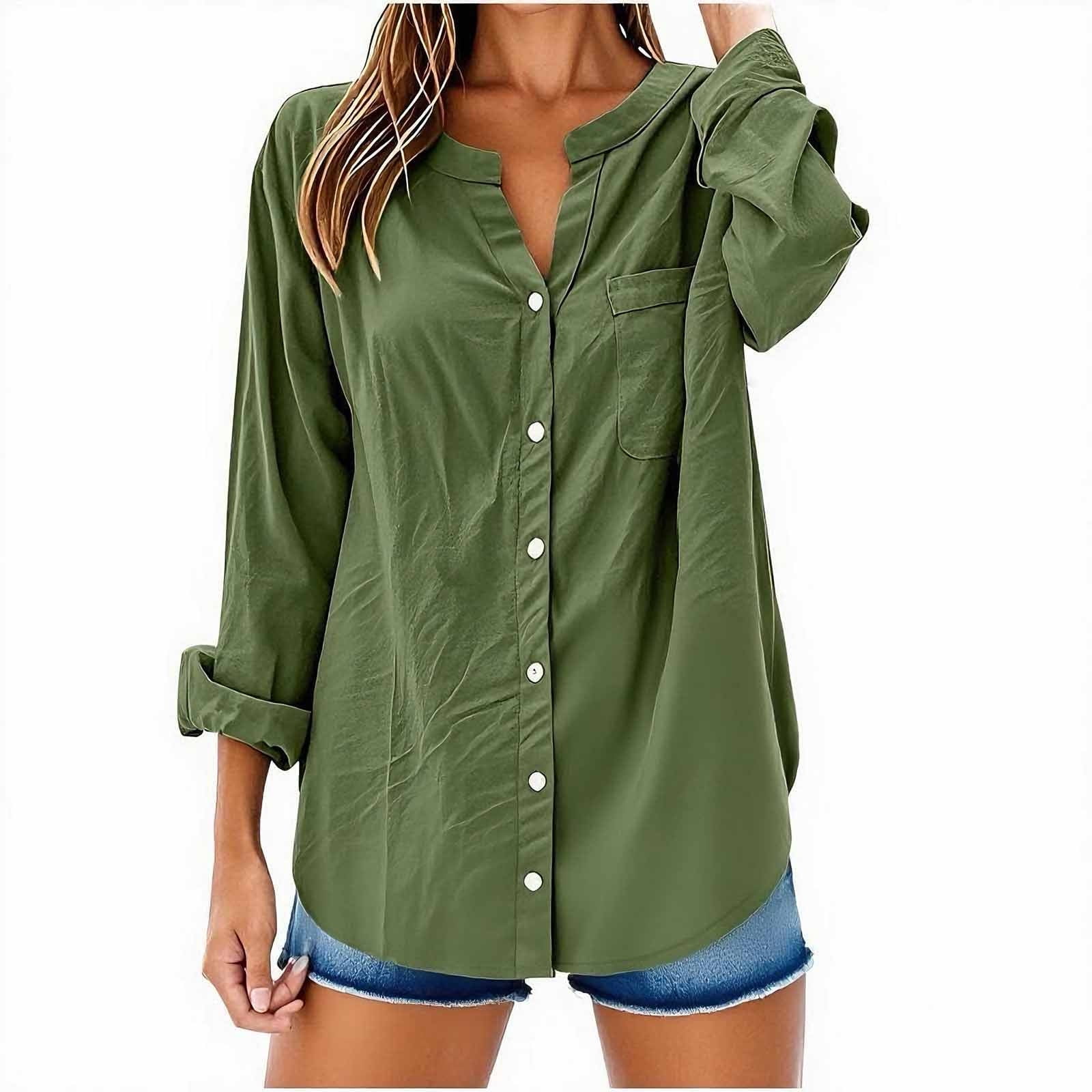 Women's Plus Size Button Up Shirts Linen Blend Comfy Loose Long Sleeve ...
