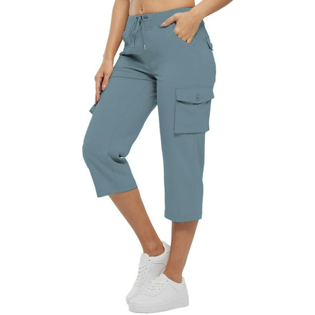 Women's Plus Size Capri Pant Straight Leg Casual Pants Drawstring High Waist Cargo Capris with ...