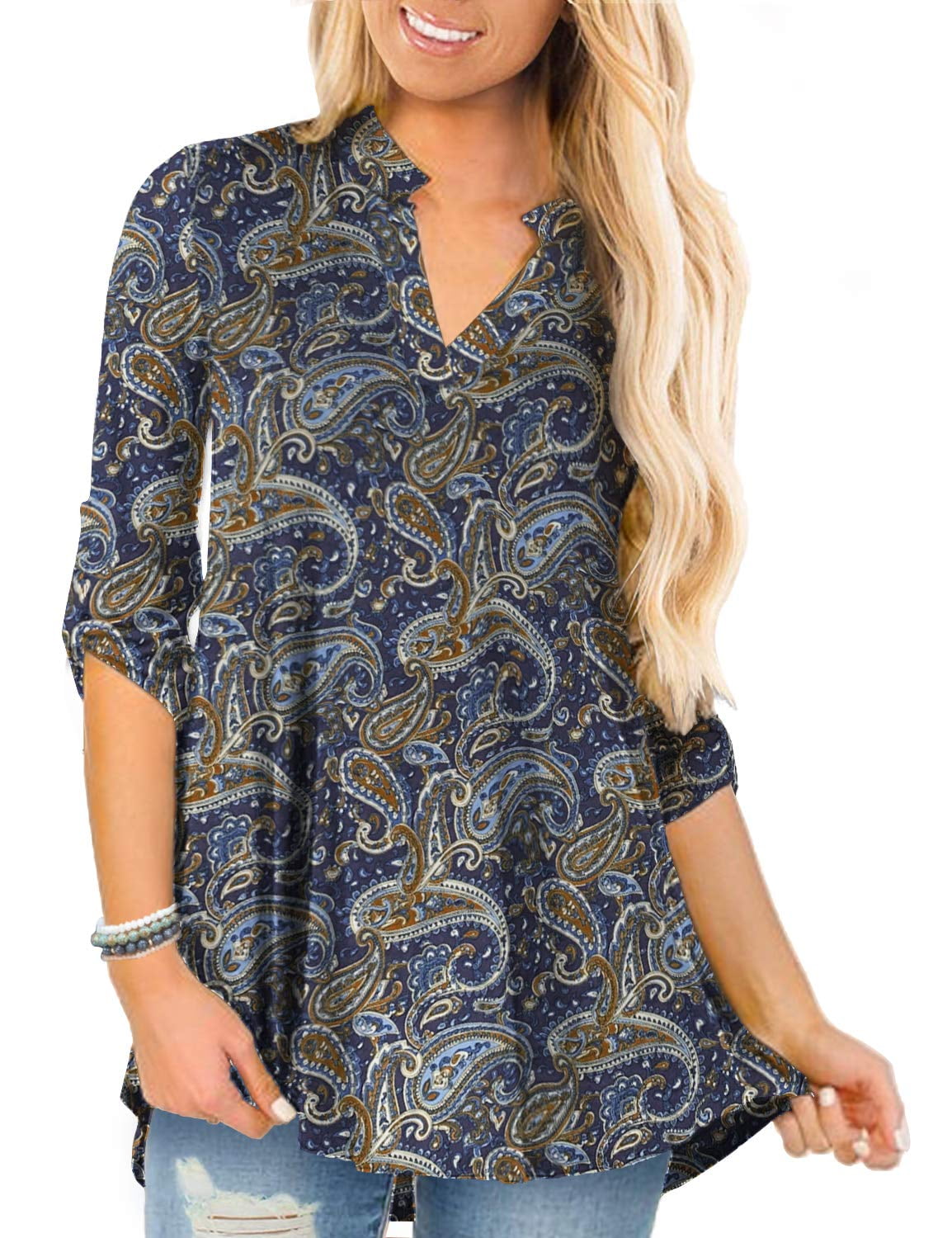 Women's Plus Size Casual 3/4 Sleeve Tunic Tops Floral V Neck Blouses ...
