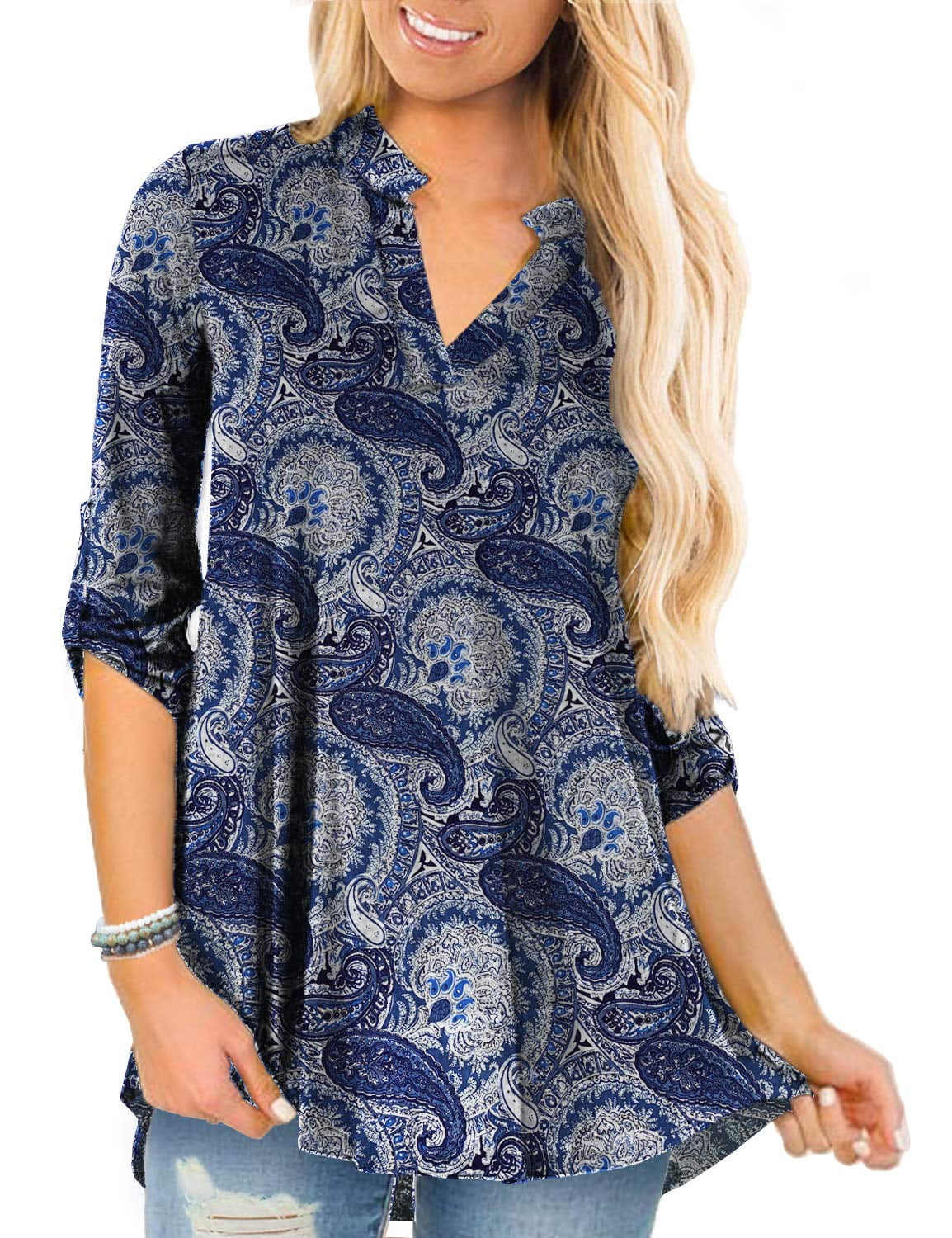 Women's Plus Size Casual 3/4 Sleeve Tunic Tops Floral V Neck Blouses ...